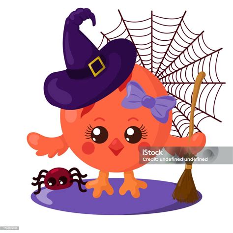 마녀 모자 거미줄 빗자루 거미가 그림자가 있는 플랫 디자인의 재미있는 귀여운 카와이 할로윈 병아리 10월에 대한 스톡 벡터 아트