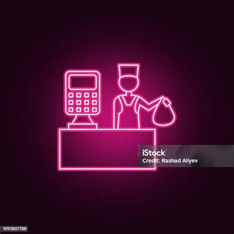 패키지 개요 아이콘으로 점원을 저장 합니다 몰 쇼핑의 요소 네온 스타일 아이콘에 센터 정보 그래픽 모바일 응용 프로그램 웹 디자인 웹 사이트에 대 한 간단한 아이콘 계산원에
