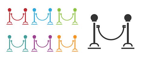 흰색 배경에 격리 된 검은 로프 장벽 아이콘 Vip 이벤트 럭셔리 축하 유명 인사 파티 입구 다채로운 아이콘을 설정합니다 벡터 일러스트레이션 3차원 형태에 대한 스톡 벡터