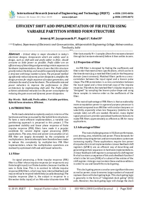 Pdf Irjet Efficient Shift Add Implementation Of Fir Filter Using Variable Partition Hybrid