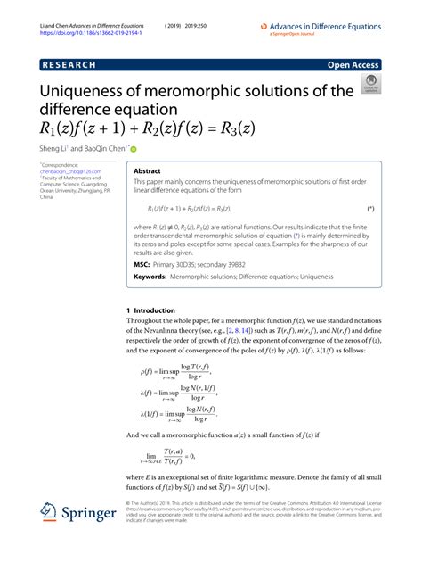 Pdf Uniqueness Of Meromorphic Solutions Of The Difference Equation R 1 Z F Z 1 R 2