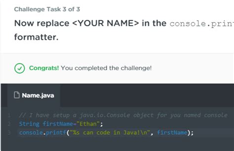 now replace in the console printf expression with the firstname variable using the string