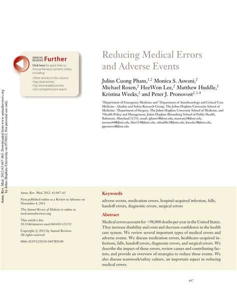Pdf Reducing Medical Errors And Adverse Events