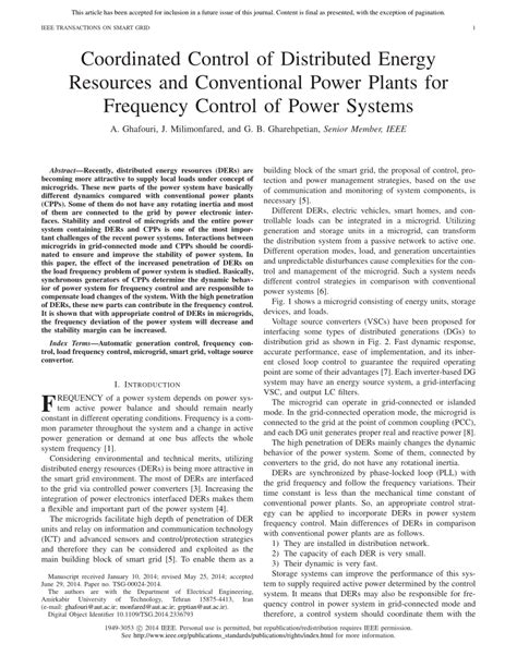 Pdf Coordinated Control Of Distributed Energy Resources And Conventional Power Plants For