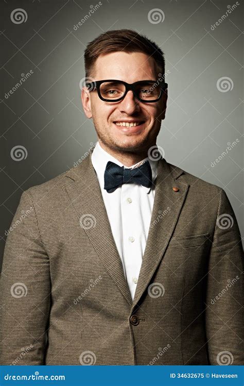 Confident Nerd In Eyeglasses And Bow Tie Stock Image Image Of Suit Shirt 34632675