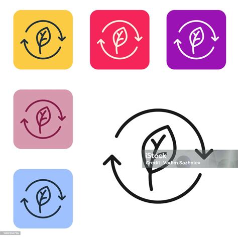 검은색 선 흰색 배경에 분리된 나뭇잎 아이콘이 있는 재활용 기호입니다 원형 화살표 아이콘입니다 환경 재활용 가능 녹색으로 이동합니다 색상 사각형 버튼으로 아이콘을 설정합니다