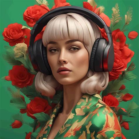 Premium Vector Vector Portrait Of A Woman With Headphones And Flowers Neural Network Vector
