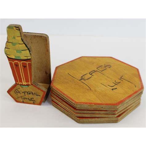 Set Of 6 Wooden Stacking Octagonal Cocktail Time Ray Reen Coasters
