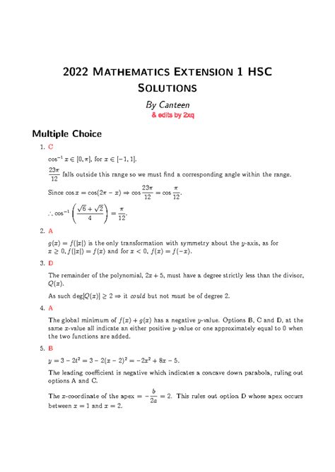 E1 2022 Sols 2022 Mathematics Extension 1 Hsc Solutions By Canteen Multiple Choice 1 C Cos− 1