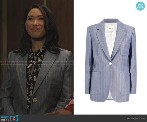 Wornontv Paisleys Black Dog Print Blouse And Blue Striped Blazer On