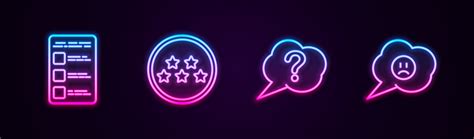 세트 라인 모바일에 계정 화면을 만들 다섯 별 평가 검토 음성 거품 질문과 슬픈 미소와 함께 빛나는 네온 아이콘 벡터 1위에 대한 스톡 벡터 아트 및 기타 이미지 Istock