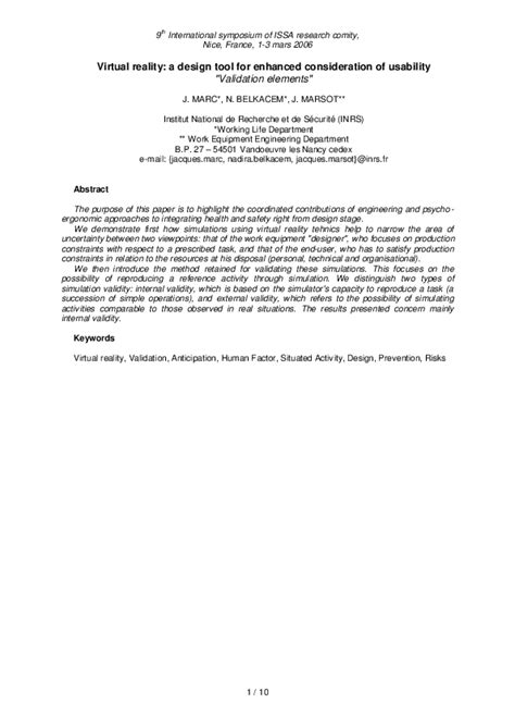 Pdf Virtual Reality A Design Tool For Enhanced Consideration Of Usability Validation Elements