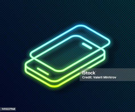 검은 색 배경에 고립 된 스마트 폰 아이콘에 대한 빛나는 네온 라인 유리 화면 보호기 유리 용 보호 필름 휴대 전화에 대한 투명