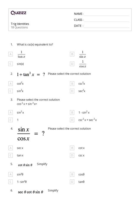 50 Trigonometric Ratios Sin Cos Tan Csc Sec And Cot Worksheets For 11th Class On Quizizz Free