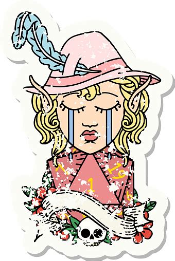 우는 엘프 음유시인 캐릭터의 그런지 스티커 자연스러운 D20 주사위 굴리기 가수에 대한 스톡 벡터 아트 및 기타 이미지 가수 굴리기 깃털 Istock