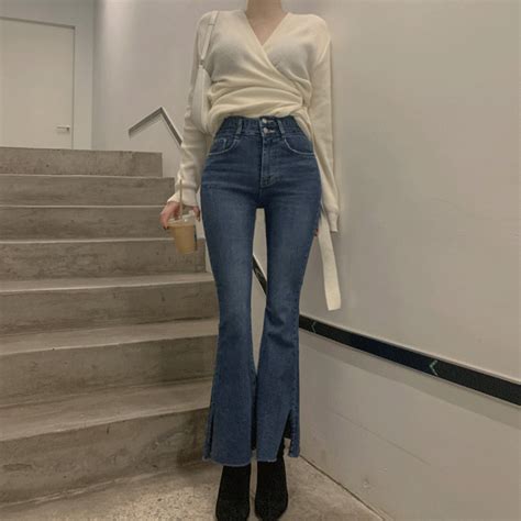 허리쏙앞트임 사계절 투버튼 이중 하이웨스트 슬릿 절개 트임 슬릿 롱 부츠컷 청바지 데님 팬츠 S M L 진청 에이블리