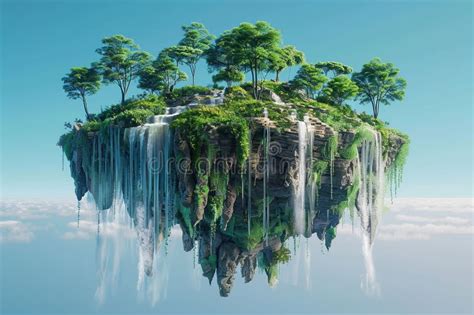 Floating Island With Waterfalls And Trees Surreal Landscape Digital Art For Fantasy Scenery