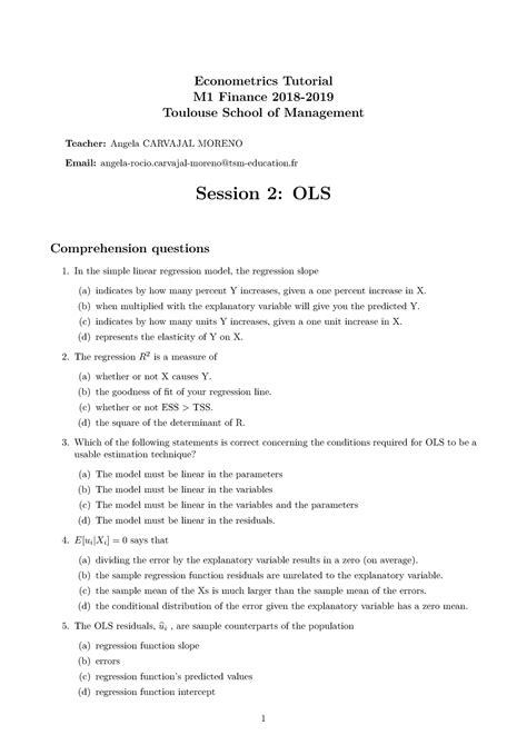 Econometrics Tutorial TD 2 Exercises Econometrics Tutorial M1 Finance
