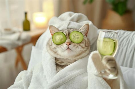 Premium Photo Cat In Spa Wearing Bathrobe And Turban With Cucumber