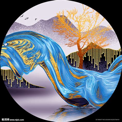 绸布水彩湖泊圆形挂画装饰画设计图 PSD分层素材 PSD分层素材 设计图库 昵图网