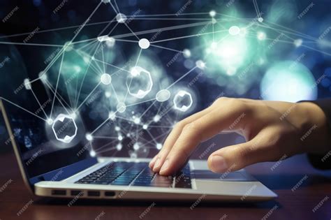 Premium Photo Hand Typing On Laptop Keyboard With Network Hologram Coming Out Of Screen Ai