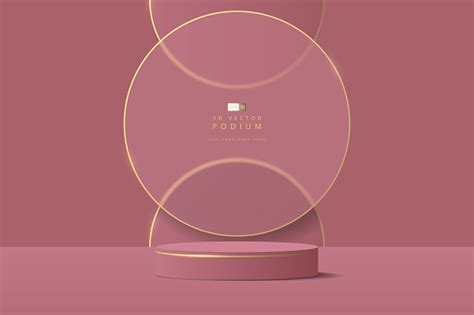 유리 원과 금색 스트로크 배경이 있는 제품 디스플레이 프레젠테이션을 위한 고급 분홍색 3d 실린더 연단 사실적 또는 받침대 무대 쇼케이스 쇼 제일 제품을 위한 3d 단계 3