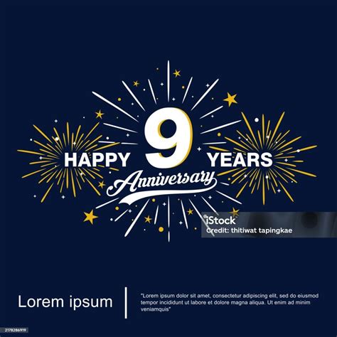 창립 9 주년 기념 엠블럼 불꽃 놀이 반짝임 반짝임 및 별이 있는 기념일 로고입니다 웹 전단지 포스터 초대장 인사말 카드에 대한 벡터 일러스트 레이 션 템플릿 9에 대한