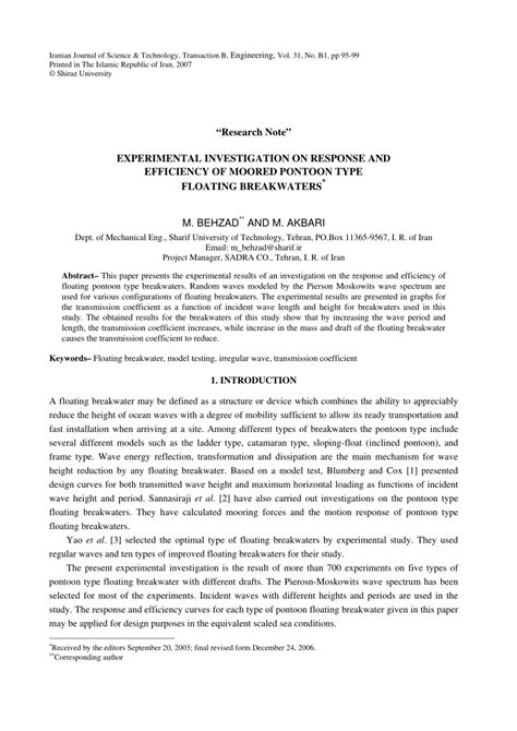 Pdf Experimental Investigation On Response And Efficiency Of Moored Pontoon Type Floating