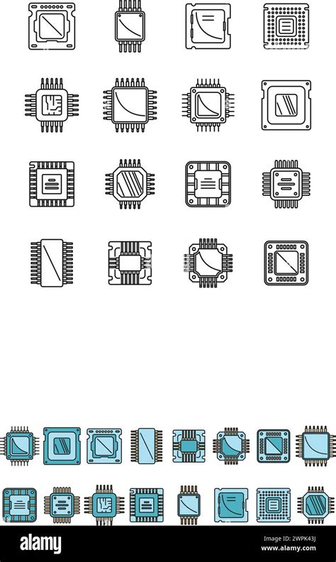 Processor Icons Set Outline Vector Central Computer Card Electronic Chip Color Line Isolated