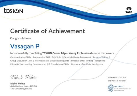 Vasagan P On Linkedin Tcs Achievement Certification Tcsion Youngprofessional