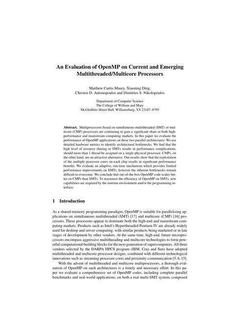 Pdf An Evaluation Of Openmp On Current And Emerging Multithreadedmulticore Processors
