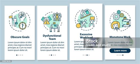 번아웃으로 인해 개념이 있는 온보딩 모바일 앱 페이지 화면이 발생합니다 모노톤 작업 과도한 워크로드 연습 4 단계 그래픽 지침 Rgb 색상 그림이 있는 Ui 벡터 템플릿