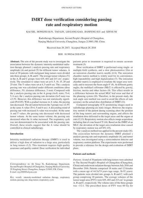 Pdf Imrt Dose Verification Considering Passing Rate And Respiratory Motion