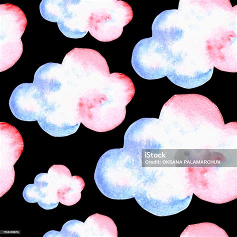 분홍색과 파란색의 귀여운 다채로운 구름의 원활한 패턴 수채화 손으로 그린 그림 다양한 디자인 배경 꾸미기 어린이 생일 및 파티