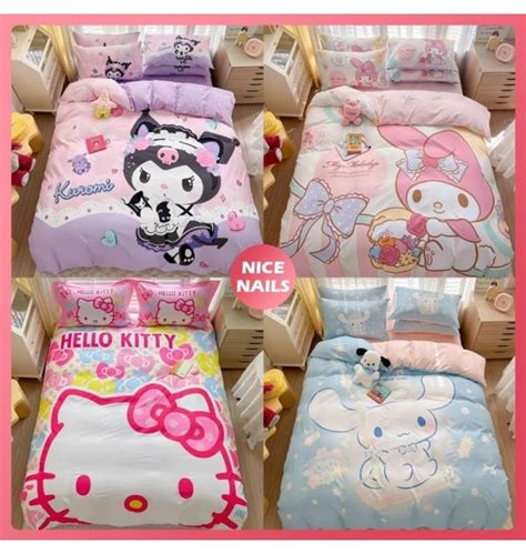 산리오 프린팅 헬로 키티 시나모롤 시나 쿠로미 마이멜로디 마멜 침대 4 피스 코튼 시트 이불 커버 귀여운 여 티몬