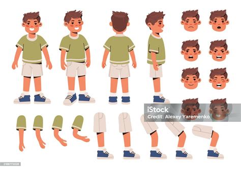 캐릭터 애니메이션 세트 다양한 얼굴 감정 몸짓 및 포즈를 가진 어린 십대 소년 팔 다리 및 기타 신체 부위 구조 Flat