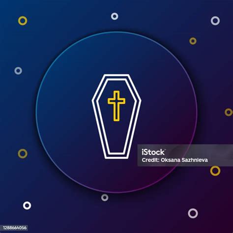 짙은 파란색 배경에 고립 된 기독교 십자가 아이콘흰색과 노란색 라인 관 해피 할로윈 파티 다채로운 개요 개념 벡터 일러스트레이션