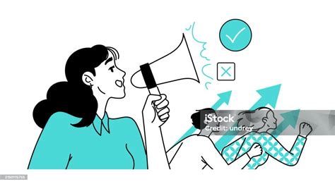 여성 리더가 확성기를 잡고 팀을 향해 성공하는 방법을 말하다 안내에 대한 스톡 벡터 아트 및 기타 이미지 안내 기민 법 Istock