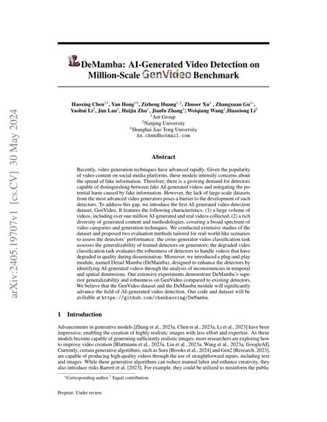 Pdf Demamba Ai Generated Video Detection On Million Scale Genvideo Benchmark