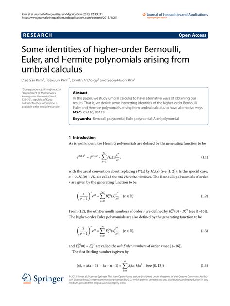 Pdf Some New Identities Of Bernoulli Euler And Hermite Polynomials Arising From Umbral Calculus