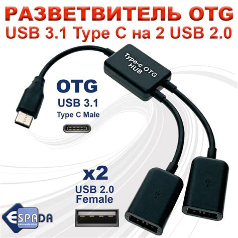 Разветвитель Otg Usb 3 1 Type C Male на 2 Usb 2 0 Female Ehc220 20см