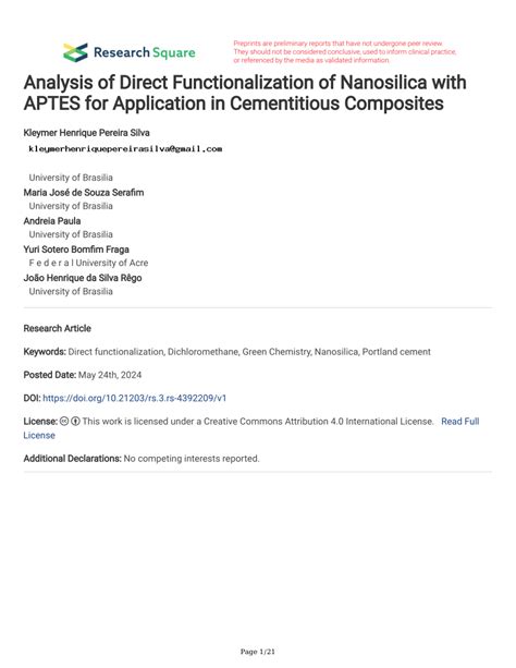 Pdf Analysis Of Direct Functionalization Of Nanosilica With Aptes For Application In