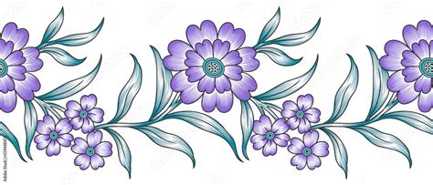 Seamless Blue Asian Textile Floral Border Design On White Background Stock Illustration Adobe