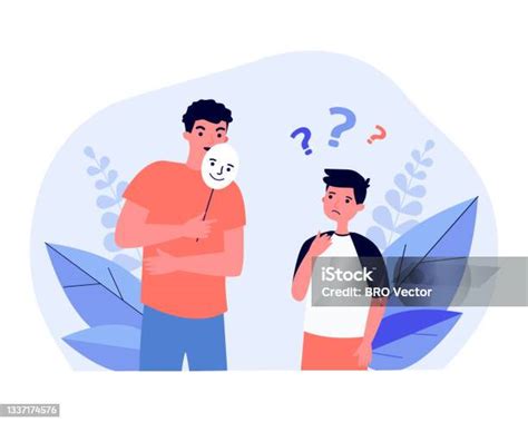 웃는 가면으로 얼굴을 가리는 남자를 바라보는 혼란스러운 소년 부정직에 대한 스톡 벡터 아트 및 기타 이미지 부정직 누워있기 가공의 인물 Istock