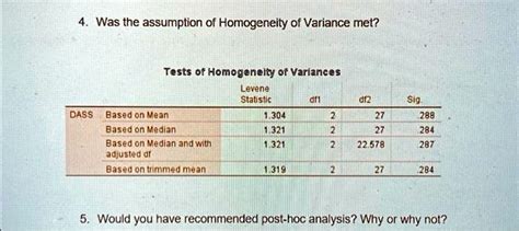 4 Was The Assumption Of Homogeneity Of Variance Met Tests Of Homogeneity Of Variances Levene