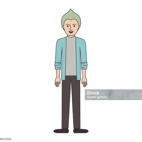 셔츠와 재킷 및 바지와 신발 화려한 실루엣에서 짧은 머리와 함께 남자 전신 가득 찬에 대한 스톡 벡터 아트 및 기타 이미지