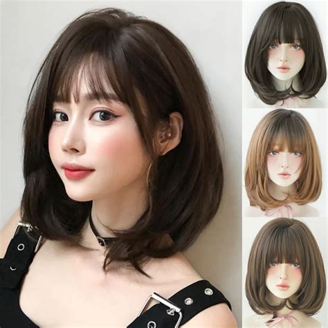 [instock] Korean 4 Colors Natural Airy Bangs C Curl Straight Shoulder Length Short Hair Wig