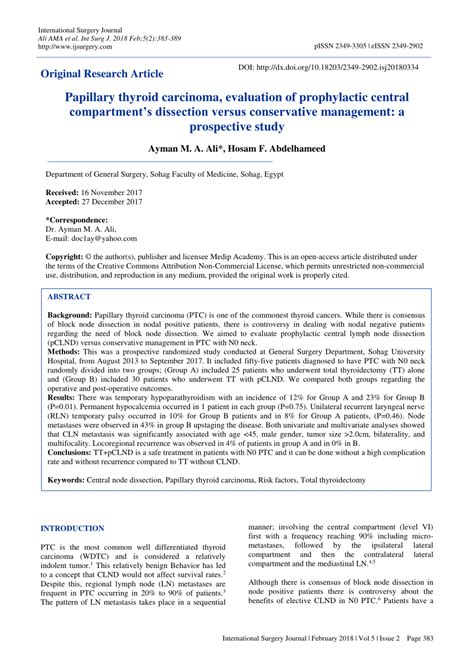 Pdf Papillary Thyroid Carcinoma Evaluation Of Prophylactic Central Compartments Dissection