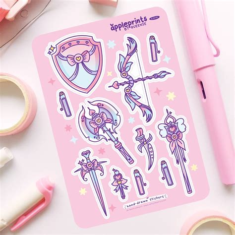 Magical Girl Cute Weapons Deco Hand Drawn Art Journal Sticker Sheet Etsy