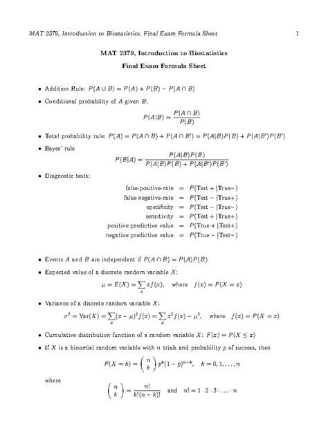 2379 Final Sheet Final Sheet Mat 2379 Introduction To Biostatistics Final Exam Formula